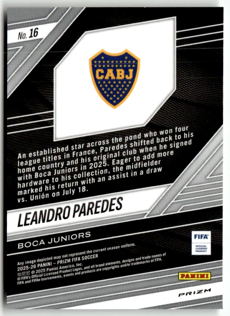 PANINI PRIZM FIFA 2025-26 Tarjeta #16 Leandro Paredes Fearless Silver ...