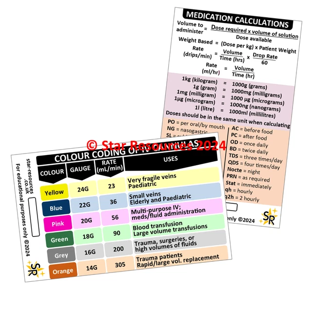 MEDICATION CALCULATIONS & Cannula ID Badge FlashCard Student Paramedics ...
