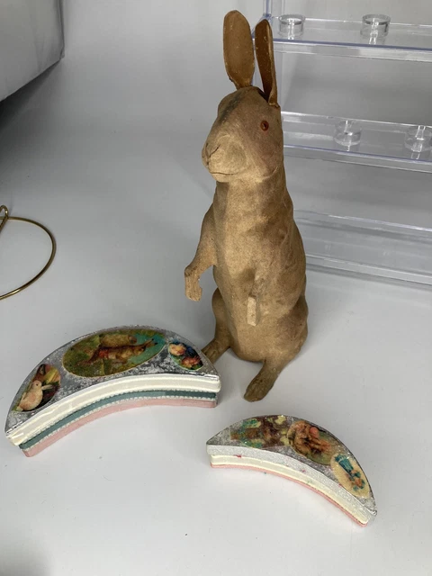 ANTIQUE 9& PAPER Mache GERMAN Rabbit EASTER Candy Container& Half Moon ...