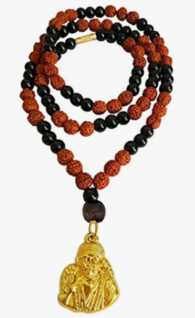 INDIAN TRADITIONAL SAI Baba Pendant Rudraksha & Black Glass Beads Mala ...