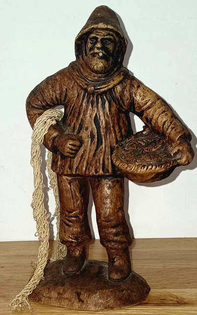 STATUE AUTHENTIQUE SANTON vintage pêcheur avec panier de poissons et ...
