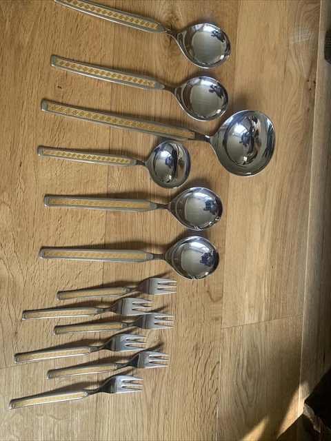 PRINZ NEOSIL BESTECK Golddekor 6 Kuchengabeln Suppenkelle Saucenkelle ...