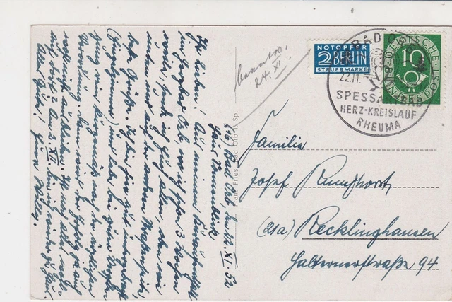 GERMANY 1952 SLOGAN Cancel Obligatory Tax Aid for Berlin Stamps Card ...