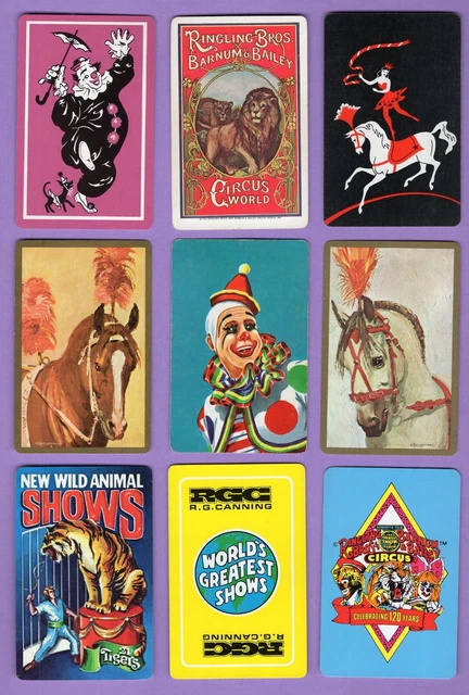 9 SINGLE SWAP Playing Cards CIRCUS THEME CLOWNS HORSES RINGLING POSTERS ...