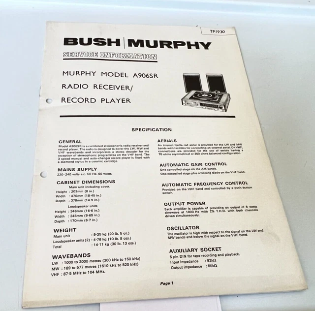 VINTAGE BUSH MURPHY Bush Model A906SR radio /Record Player Service ...