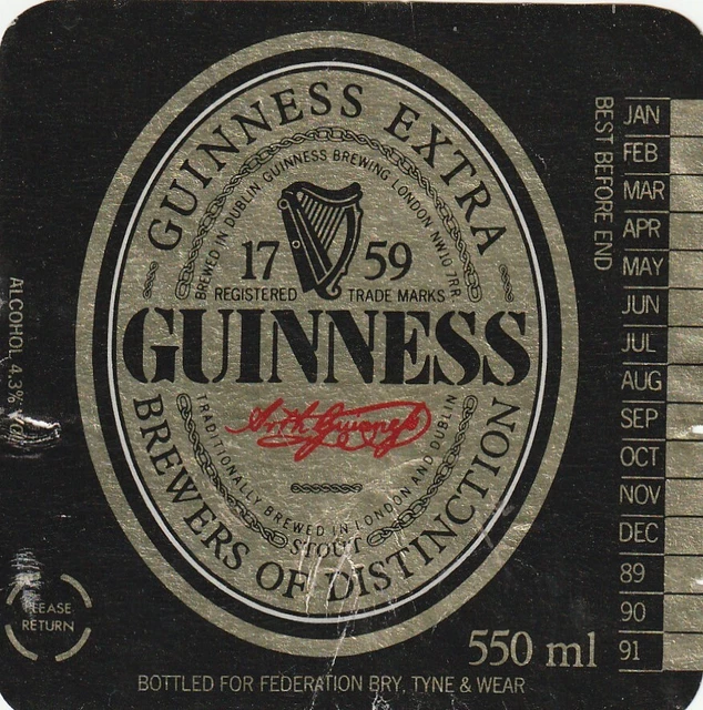 BEER BOTTLE LABEL - Guinness Brewery - Guinness Extra £1.25 - PicClick UK
