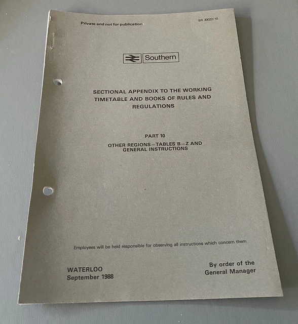 BRITISH RAIL SOUTHERN Region Sectional Appendix Part 10 Waterloo 1988 £ ...