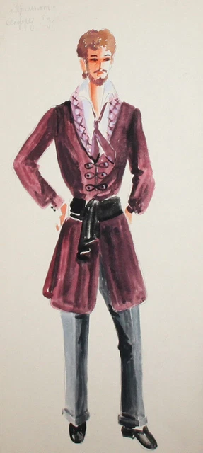 TABLEAU AQUARELLE VINTAGE dessin costume homme de théâtre signé EUR 67 ...