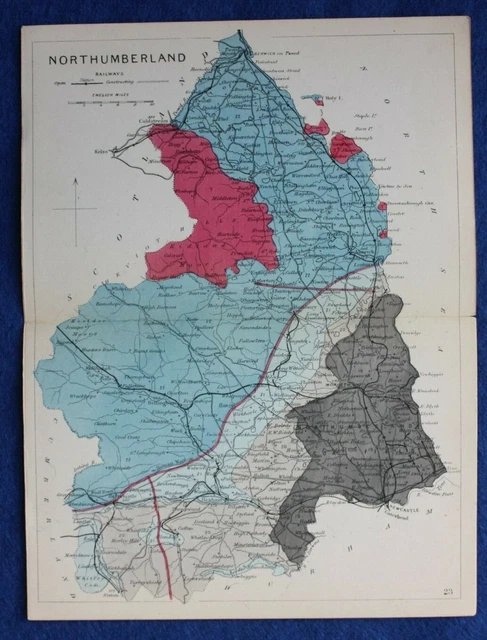 MAPPA GEOLOGICA ANTICA ORIGINALE, NORTHUMBERLAND, FERROVIE, Reynolds ...