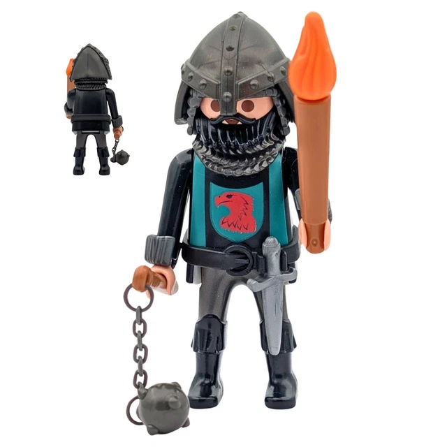 PLAYMOBIL FIGURINE CHEVALIER noir/vert torche massue château médiéval ...