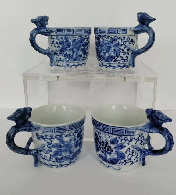 VINTAGE CHINESE CHINOISERIE Blue & White Porcelain Tea Cups Dragon ...