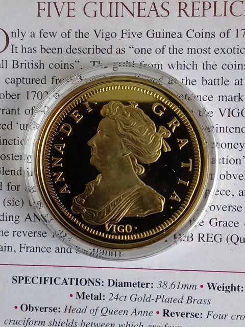 QUEEN ANNE VIGO FIVE GUINEAS. 24CT GOLD PLATED PROOF MUSEUM COLLECTION ...