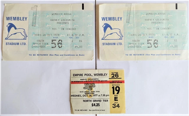 YES RARE TICKETS Empire Pool Wembley With Guest Star Donovan & Wembley ...
