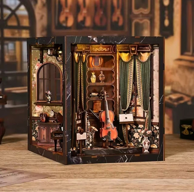DIY FOUR SIDES Book Nook Wooden Miniature Model Kits European Melody ...