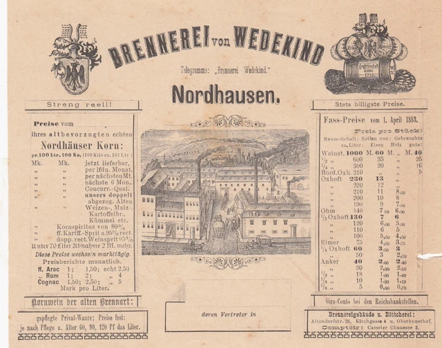 NORDHAUSEN, PROSPEKT 1890, Brennerei von Wedekind Nordhäuser Korn EUR ...