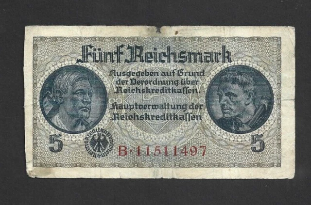 5 REICHSMARK VG Banknote From German Occupied Territories 1939-44 Pick ...
