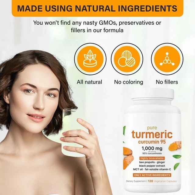 PURE TURMERIC CURCUMIN Supplement 1000mg w/ Organic Ginger Turmeric 120 ...