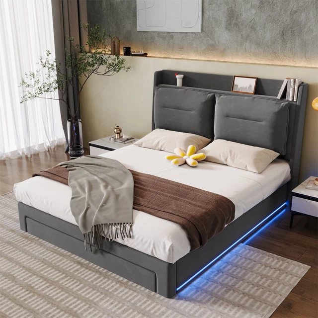 5FT BED FRAME King Velvet Upholstered Ottoman Storage Bed frame with ...