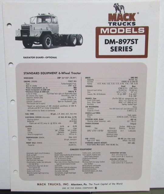 1970 MACK TRUCKS Model R 600LST Diagrams Dimensions Sales Brochure ...