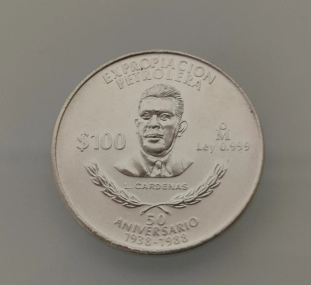 MONEDA 100 PESOS 1 Onza 1988 México Plata 999 Expropiación Petrolera ...