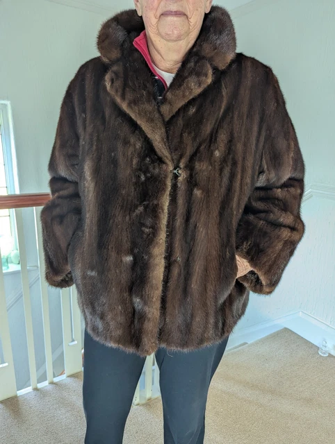 SIZE 14-16 VINTAGE BROWN REAL MINK FUR JACKET MID BROWN EMBROIDERED ...
