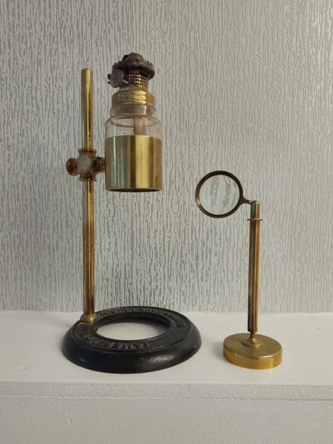 JAMES HOW BRASS Microscope Bench Lamp and Magnifiying Lens c1880 £290. ...