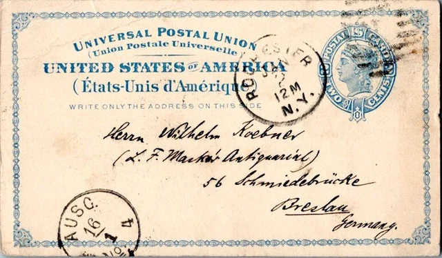 NEW YORK ROCHESTER 1880 numeral duplex 2c Blue Liberty Postal Card to ...