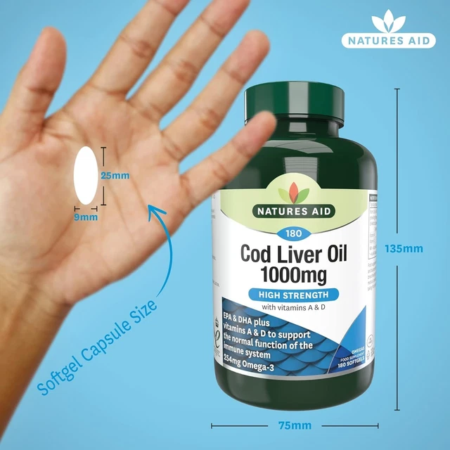 NATURES AID COD Liver Oil, 1000 mg, 180 Softgel Capsules High Strength ...