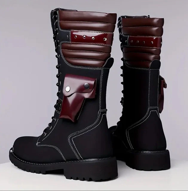 MENS MILITARY MOTORCYCLE Mid Calf Boots Riding Punk Lace Up Combat ...