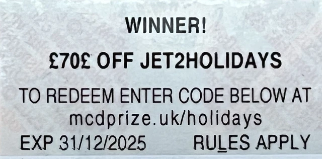 MCDONALDS REDEMPTION CODE £70 Off JET2HOLIDAYS EXP 31/12/2025 £10.78 ...