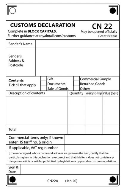 ROYAL MAIL CN22/CN22A Custom Label Blank Declaration Forms (For Tracked ...