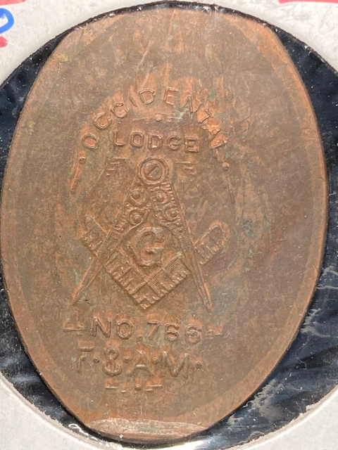 RARE MASONIC OCCIDENTAL Lodge No. 766 F & AM Elongated US Large Cent £ ...
