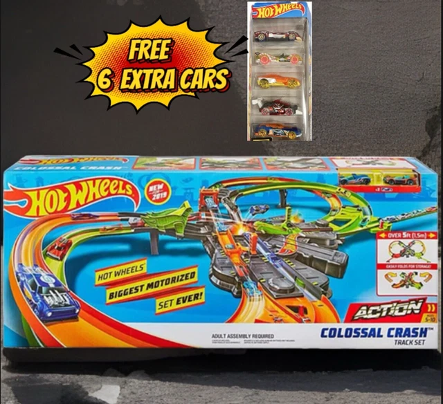 HOT WHEELS COLOSSAL Speed Crash Motorized Track Set (13+)- free 6 EXTRA ...