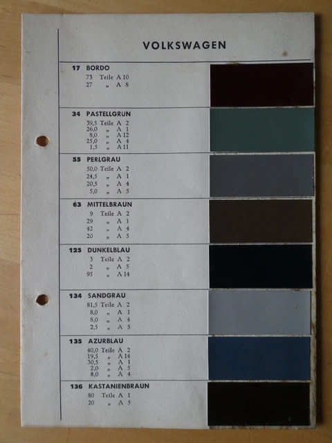 ORIGINAL VW FARBTABELLE FARBKARTE 50er Jahre Farbmuster Lackmuster EUR 38,00 - PicClick DE