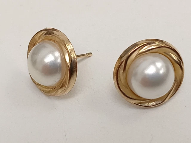 VINTAGE 9CT YELLOW Gold 12mm Faux Pearl Stud Earrings Circular Design 0 ...