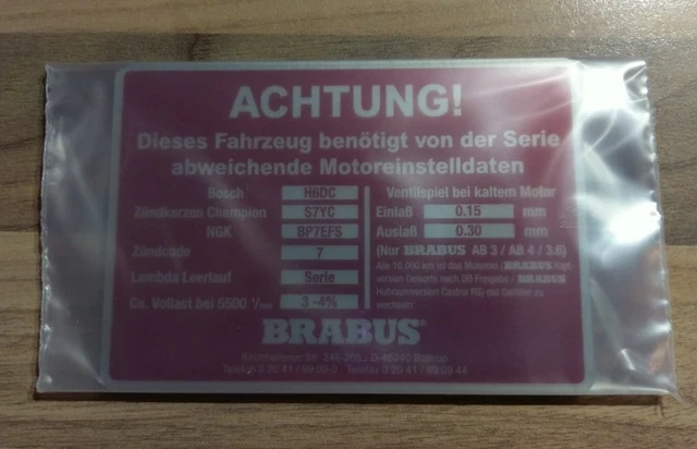 MERCEDES BENZ BRABUS AB3 AB4 3.6 Typschild Motorraum W124 W463 W201 ...