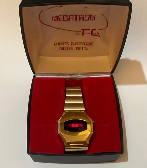 VINTAGE DIGITAL WATCH MEGATRON Time Craft Rare gold strap red LED 1970 ...