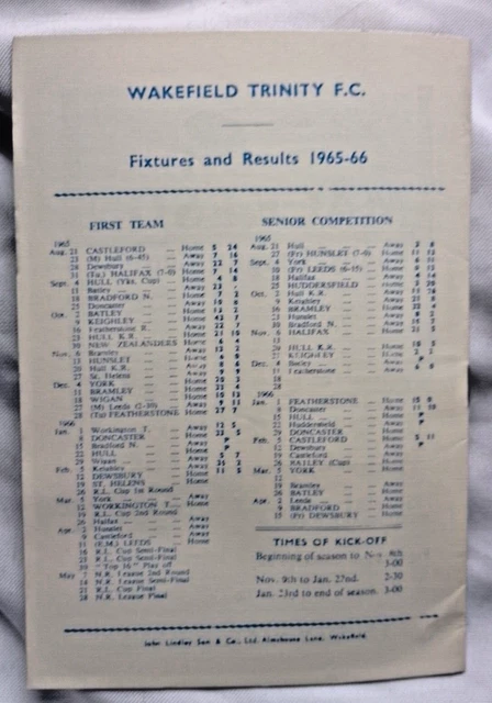 WAKEFIELD TRINITY RLFC - NEIL FOX Benefit Programme 1955-6 to 1965-6 v ...