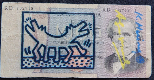 BANCONOTA / BANCONOTA da 1000 lire Andy Warhol / Keith Haring, autografata, certificata EUR 116 ...