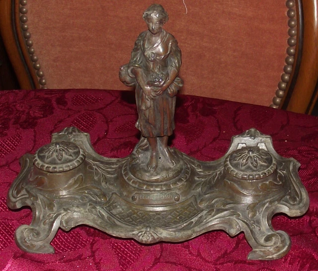 ANCIEN ENCRIER DOUBLE EN REGULE "LA CRUCHE CASSEE" d'aprés GREUZE EUR ...
