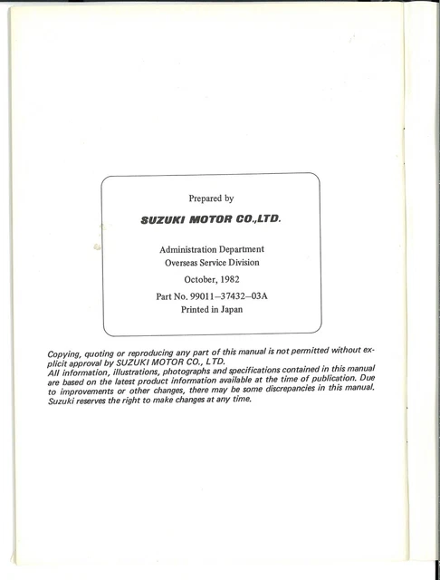 SUZUKI 1982 MODEL SP500 - Owner's Manual - Part No. 99011-37432-03A £31 ...