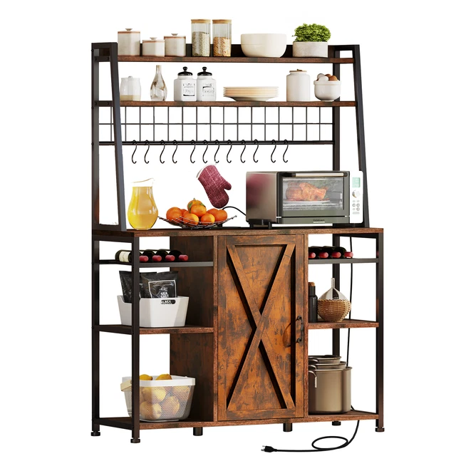 KITCHEN BAKERS RACK 6-Tier Coffee Bar Cabinet with 12 Hooks Microwave ...