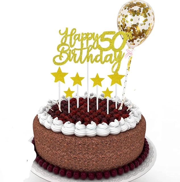 50TH BIRTHDAY CAKE Topper Set Gold Glitter Cake Stars Confetti Balloon ...