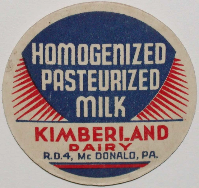 VINTAGE MILK BOTTLE cap KIMBERLAND DAIRY Homogenized Milk McDonald ...