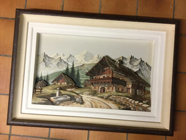 GRAND TABLEAU CADRE bois peint relief chalet de montagne paysage Signé Raugel EUR 114,00 ...