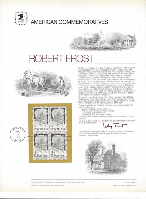 #28 10C ROBERT Frost #1528 USPS Commemorative Stamp Panel w FD Cancel ...