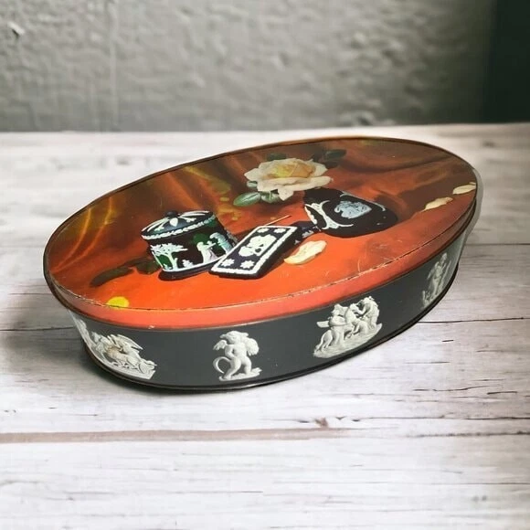 VTG OVAL BLACK Tin Container Metal Floral Collectible w/Lid Carr ...