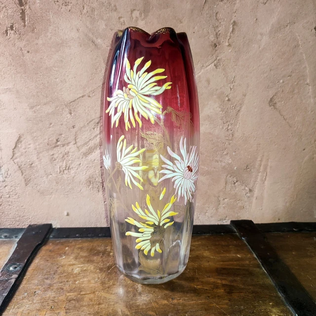 VASE LEGRAS VERRE émaillé C.1900 Chrysanthème Montjoye h: 29,5 cm EUR 350,00 - PicClick FR
