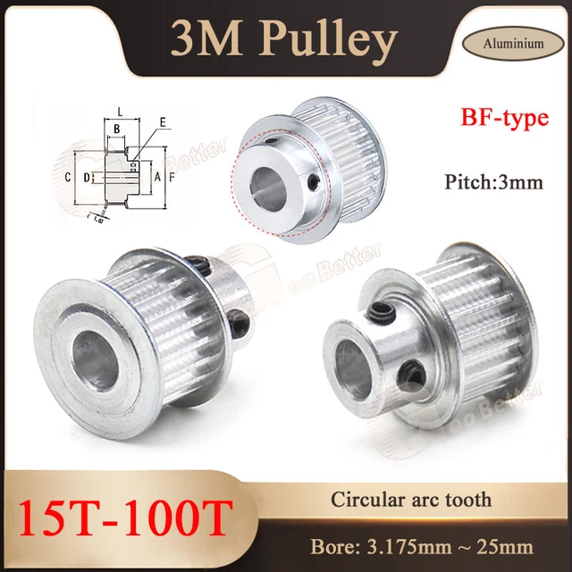 3M TIMING BELT Drive Pulley BF-Type 15T-100T Bore 3-25mm For 10mm Width ...