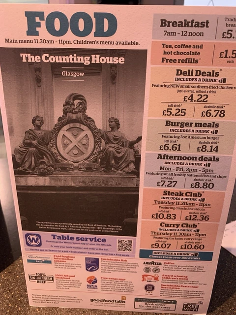 1 X WETHERSPOONS Menu "The Counting House”. Glasgow £4.00 - PicClick UK